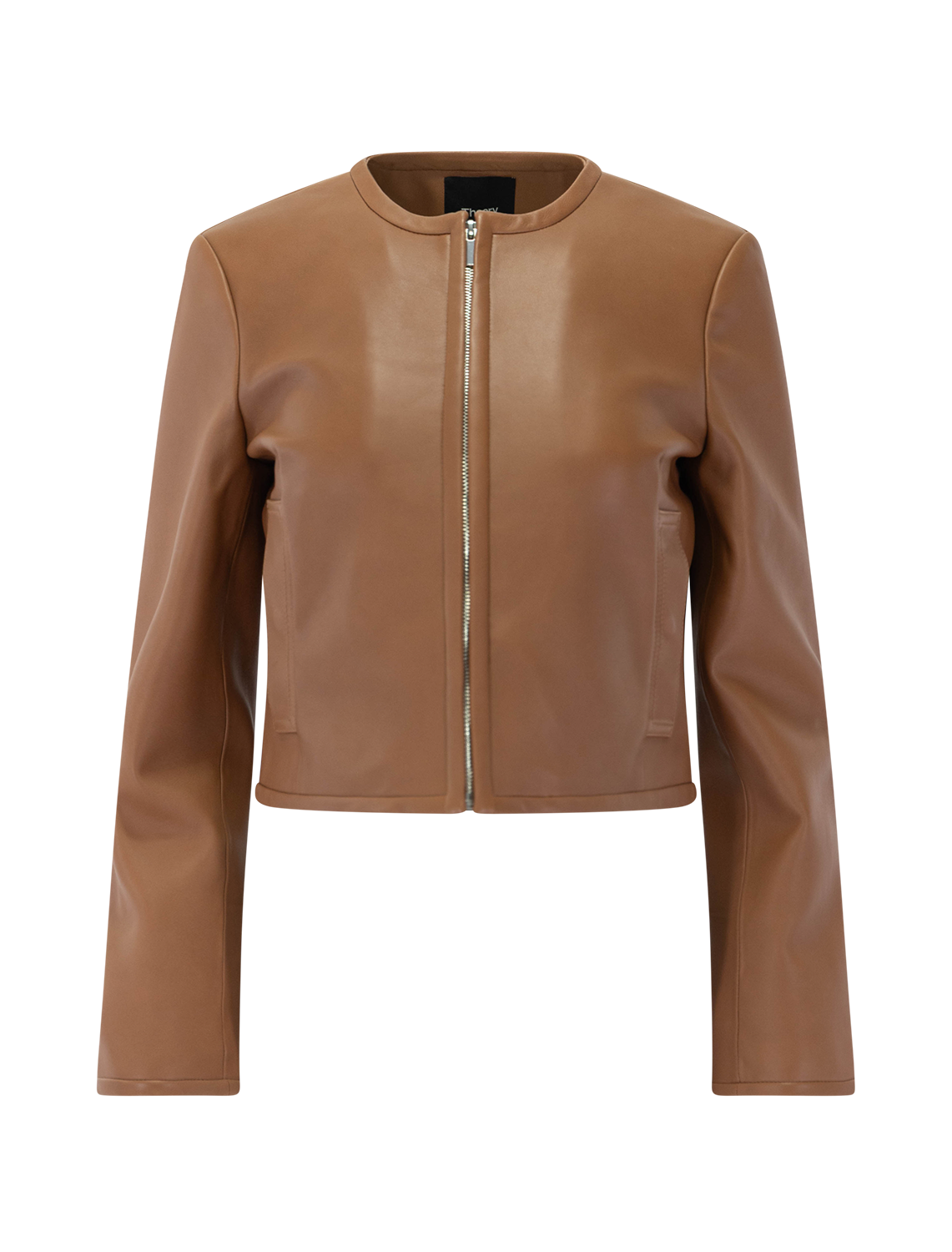 leather collarless zip jacket in bright cognac – Twigs